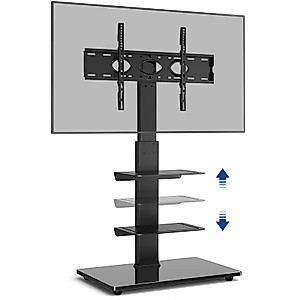 Rfiver Swivel Floor TV Stand with VESA Mount for 32 39 40 43 49 50 55 60 65 70 Inch Flat Screens/Curved TVs, 3-Shelf Tall Narrow TV Stand with Tempered Glass Base, Black Height Adjustable Mount Stand