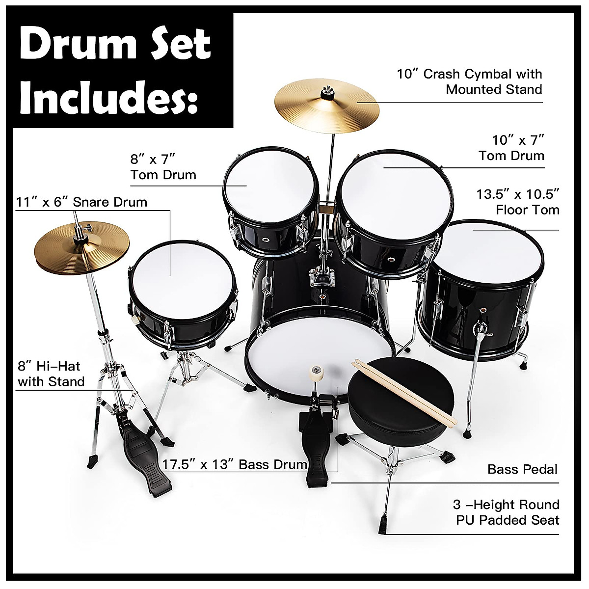 Costzon 16” Kids Drum Set, 5-Piece Full Size Complete Junior Drum Set with Adjustable Throne, Cymbal, Hi-Hat, Pedal & Drumsticks, Beginner Drum Kit with Bass Snare Tom Drum, Age 3-12, Black