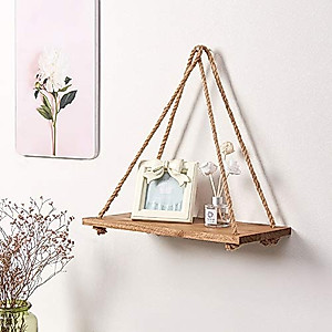SAND MINE Set of 3 Wood Wall Hanging Shelf, Wood Floating Shelves, Hanging Swing Rope Shelves, Rustic Rope Hanging Shelves, Rustic Wall Decor Swing Shelf, Wall Display Shelves for Living Room Bedroom