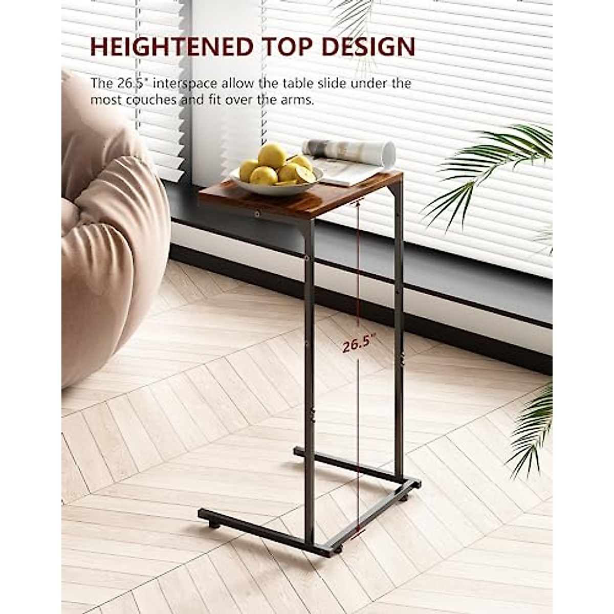 Vantic C Shaped End Table, Small Couch Side Table with Storage Bag, Sturdy Slide Under Sofa Table with Metal Frame for Living Room & Bedroom (16" L x 11.6" W x 28" H), Rustic Brown