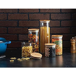 Sugar Packet holder Canister Set of 5, Glass Kitchen Canisters with Airtight Bamboo Lid, Glass Storage Jars for Kitchen, Bathroom and Pantry Organization Ideal for Flour, Sugar, Coffee, Cookie Jar, Candy, Snack and More