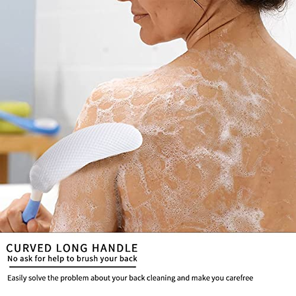 15.35" Back Bath Brush with Sponge,Back Scrubber Bath Mesh with Anti-Slip Curved Long Handle Bath Body Brush for Elderly Aid Bathing and Shower