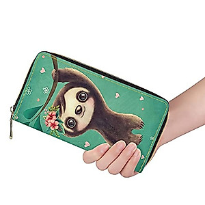 Sloth Printed Women's Long Wallet Zip Around PU Leather Phone Clutch Travel Card Holder Cute Animal Purse