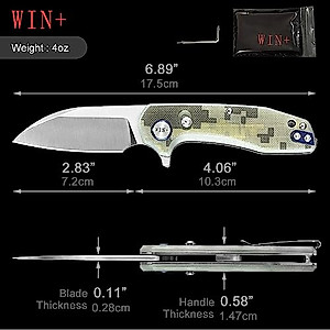 WIN+ Pocket Knife, Folding Knife with Button Lock, EDC Knife with Axis Lock and Ball Bearing, D2 Tactical Knife with G10 Handle, Survival Knives for Camping W3435 (B-Camo-G10)