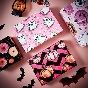 Vnaaem Pink Halloween Wrapping Paper with Ghost Pumpkin Skeleton Patterns Folded Flat Art Paper for DIY Crafts Trick or Treat Birthday Party - 20 X 28Inches Per Sheet(8 Pack)