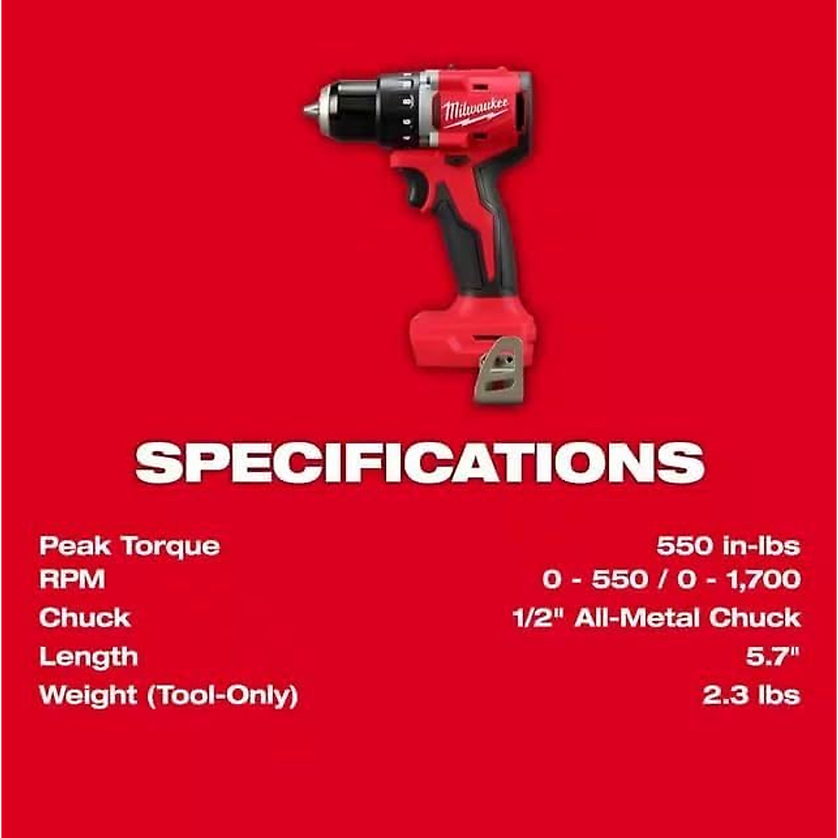Milwaukee 3601-20 M118 18V Lithium-Ion Brushless Cordless 1/2 in. Compact Drill/Driver (Tool Only), Red