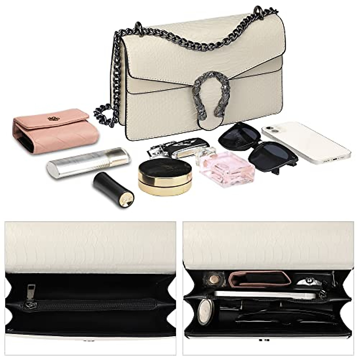 ZooLLyn Crossbody Shoulder Evening Bag for Women - Luxurious Snake Print PU Leather Messenger Bag Trendy Chain Strap Clutch Square Satchel Handbag Purse White