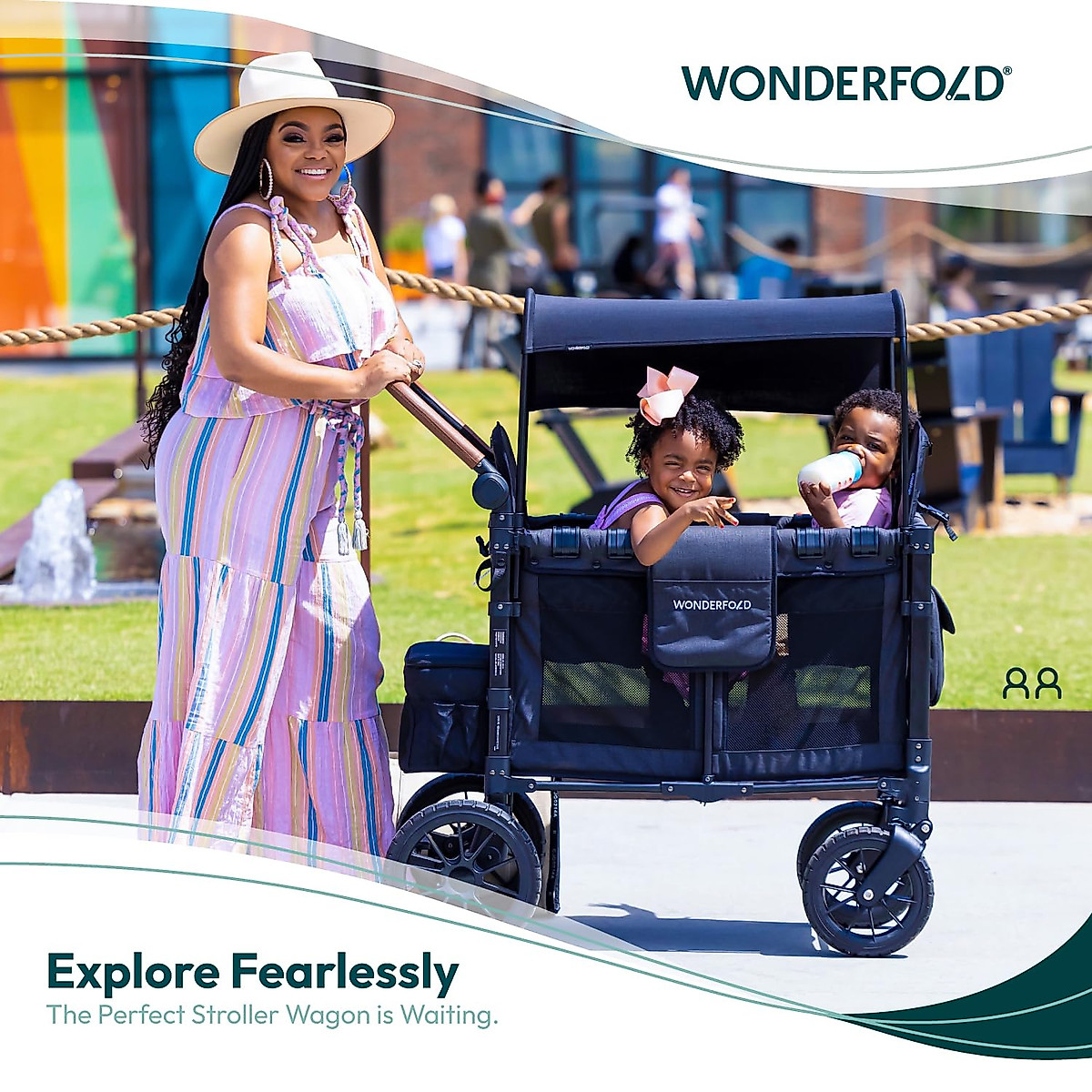 WONDERFOLD W2 Luxe Double Stroller Wagon (2 Seater) - Collapsible Wagon Stroller with Seats with Magnetic Buckle 5-Point Harnesses and Adjustable Sun Canopy, Volcanic Black
