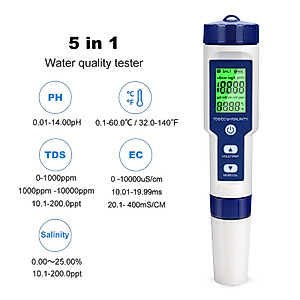 GuDoQi Digital PH Meter, 5 in 1 Water Quality Tester with Backlight, PH/TDS/EC/Salinity/Temp Meter with ATC, 0.01 Resolution High Accuracy Pen Type Tester, for Aquarium, Spas, Drinking Water