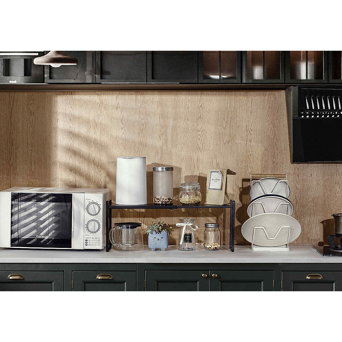 Beeloving Expandable Cabinet Shelf Organizer Storage Rack Space Riser for Kitchen Bathroom Pantry Spice Cupboard Countertop Desk Home Office Dish Cup Bottle Pot Metal Plate Heavy Duty Nonslip Black