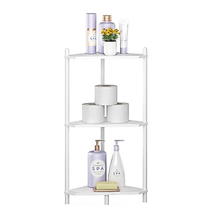 Corner Shelf Stand - 3 Tier Walnut Bamboo Small Corner Bookshelf for Office Kitchen Bedroom Plant Stand Living Room Decor Small Space (White)