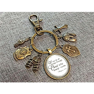 Unisex Christian Keychain, purse charm, zipper pull with I can do all things through Christ and Armor of God Tibetan Bronze Charms