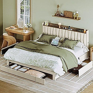 ANCTOR King Size Bed Frame with Storage Headboard and Charging Station, Upholstered Platform Bed with 3 Drawers, No Box Spring Needed, Easy Assembly, Beige