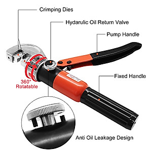 CKE Upgraded 10 Ton Hydraulic Cable Crimper Hand Tool for 1/8, 3/16 Stainless Steel Cable Railing Fittings - Heavy Duty Head with 9 Dies and Cable Cutter