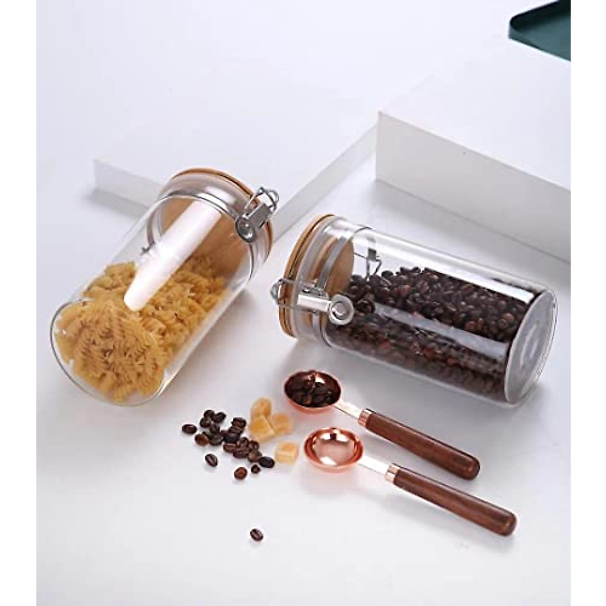 Glass Coffee Containers with Airtight Bamboo Lids & Shelf,Set of 2- 35oz Ground Coffee Canister Set With 2 Measuring Spoons, Coffe Bean Storage BPA Free Coffe Jar Glass Food Storage Jars Tea, Sugar,