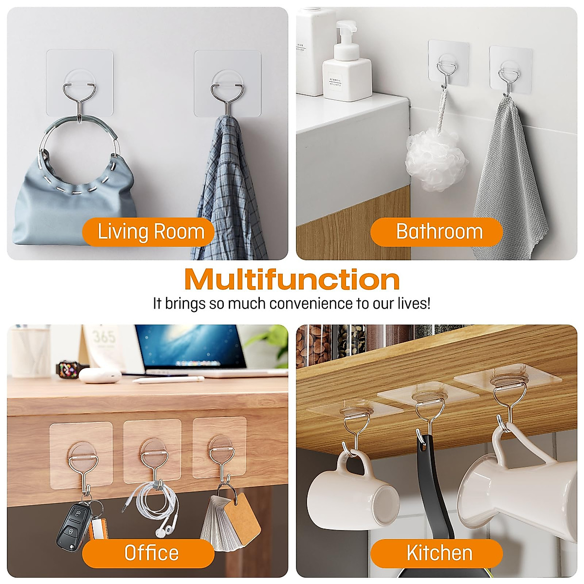 YSJNUS Adhesive Hooks Wall Hooks for Hanging Heavy Duty 22lb(Max), Waterproof and Rustproof Transparent Self Adhesive Hooks for Bathroom Kitchen Outdoor and Home Improvement -20 Pack