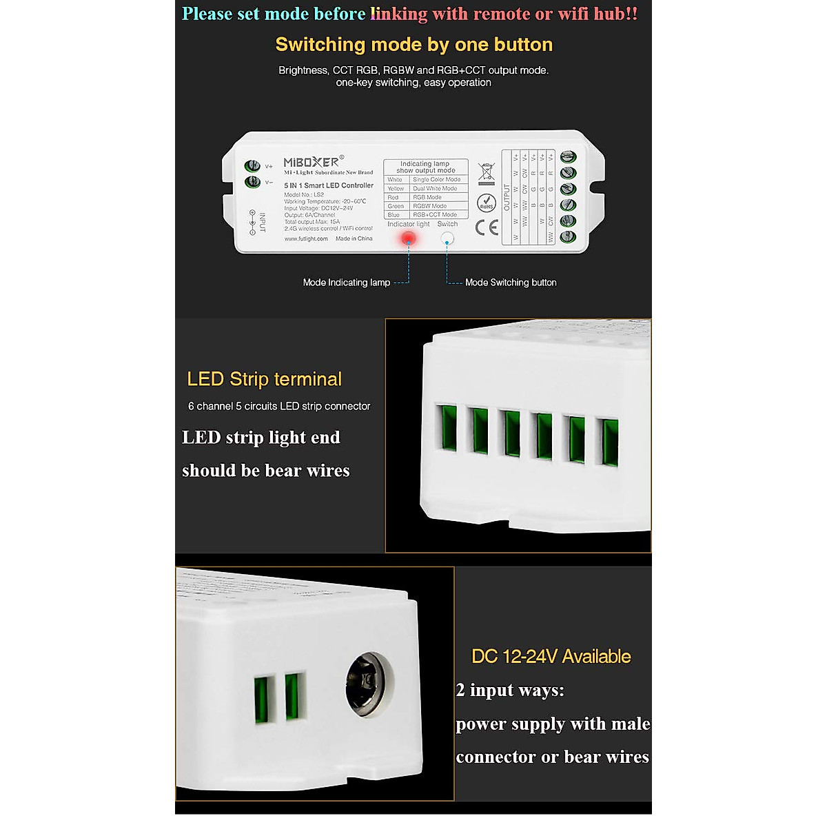 LGIDTECH LS2 LED Strip Lights 5 in 1 Controller,Compatible with Single Color,RGB,RGBW,WW+CW,RGB+CCT LED Strip Lights,Smartphone APP Control via Gateway(Excluded)