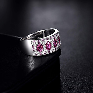 Lanmi 14K White Gold Pink Sapphire Engagement Diamonds Ring Wedding Band for Women