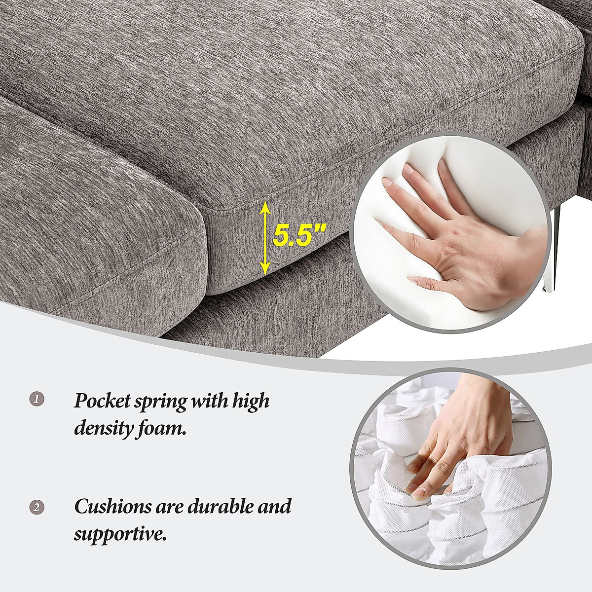 Prohon 84" L Shaped Modern Chenille Convertible Sectional Reversible Chaise Lounge and 2 Pillows, 4-Seat Couches Upholstered Small Space Sofas for Living Room,Apartment,Office, Grey