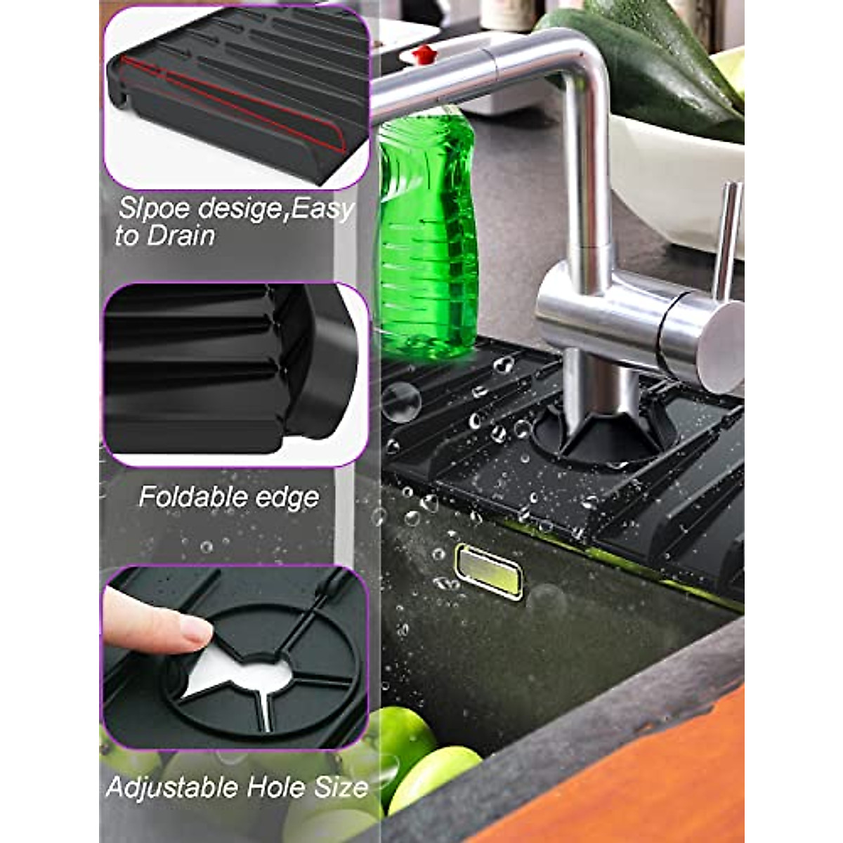 Decyam Upgrade Kitchen Sink Splash Guard, Silicone Faucet Handle Drip Catcher Tray, Kitchen Sponge Holder Faucet Absorbent Sink Protectors Mat for Kitchen Bathroom Sink Accessories (2 pcs black)