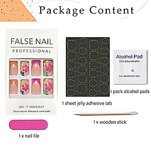24Pcs Press on Nails Short French Fake Nails Acrylic Square Nude Pink False Nails with Flower Designs Full Cover Stick on Nails Glue on Nails for Women and Girls