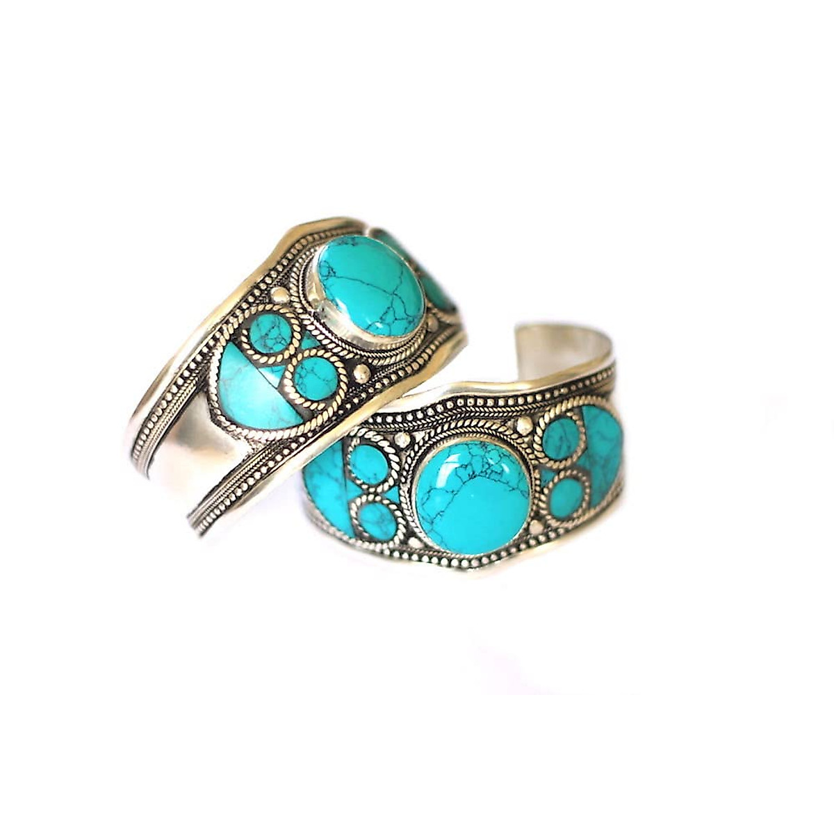 Boho Style Blue Stabilized-Turquoise Mosaic Adjustable Cuff Bracelet | Stainless Steel Jewelry for Men & Women