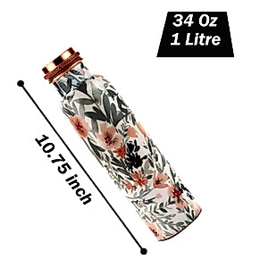Perilla Home Pure Copper Water Bottle 34 Oz Leak Proof 100% Pure - Ayurvedic Copper Vessel - Drink More Water And Enjoy The Health Benefits Immediately - For Daily use Gym, Yoga Bottle (Printed 1)