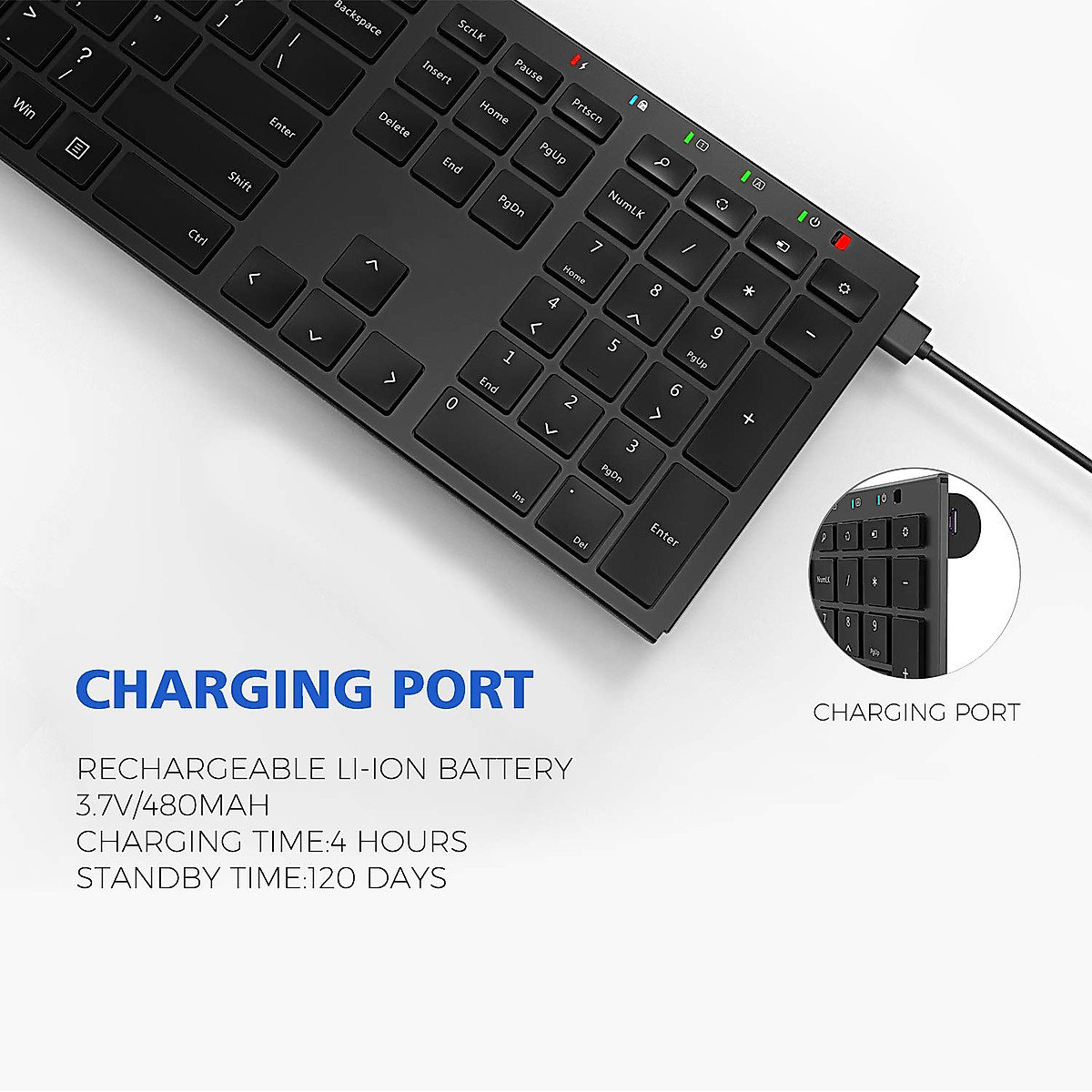 Rechargeable Wireless Keyboard, cimetech Compact Full Size Wireless Keyboard (Black)