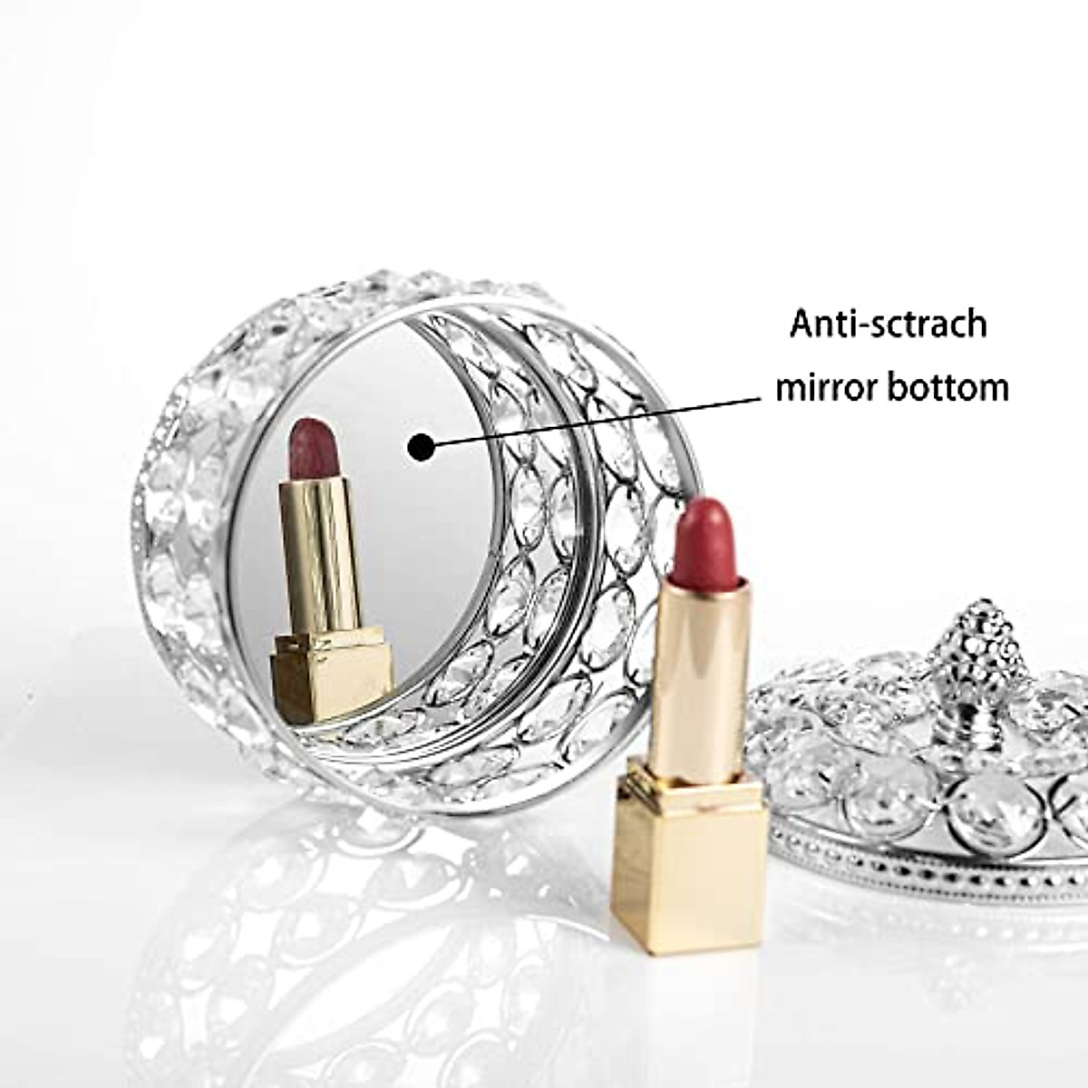 Feyarl Clear Crystal Jewelry Trinket Box Organizer Earrings Rings Treasure Storage Keepsake with Glass Mirror Surface Inside for Dresser Room Deco Valentine Christmas Birthday Gift (Silver)