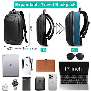 Laptop Backpack Work Business Slim Backpack 17'' Computer Men Women Expandable Lightweight Water-Resistant Durable Casual Daypack Anti-Theft USB Charging Port Bookbag for Travel College School-Black