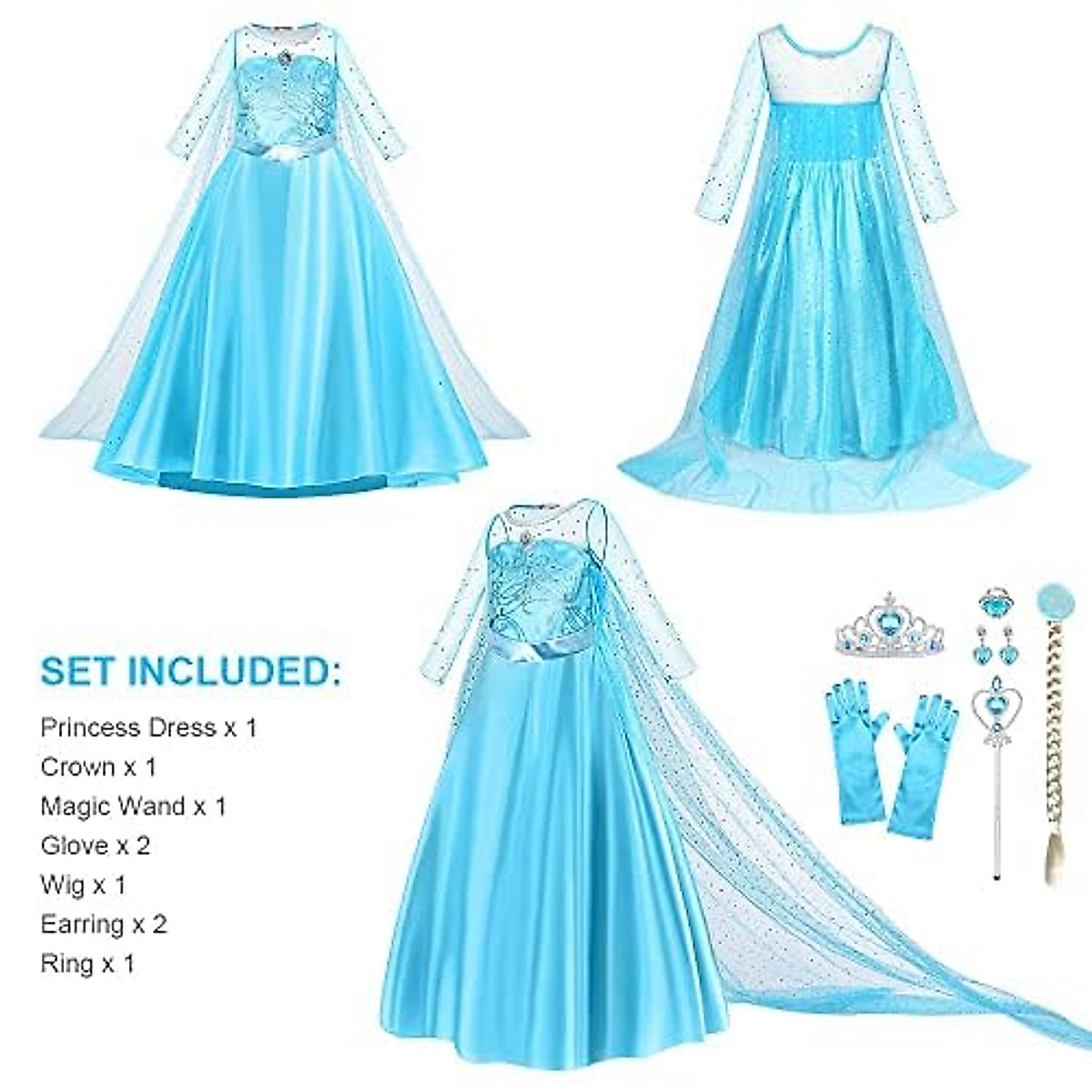 URAQT Princess Dress Costume for Girls Princess Costume Fancy Dress Up for Christmas Birthday Party Queen Cosplay with Crown Wand