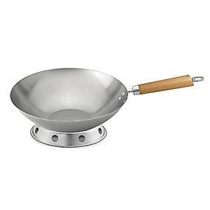 Helen's Asian Kitchen 97146 Round Bottom Wok, Carbon Steel and Bamboo, 12-Inches, 4-Piece Set, One Size, Black