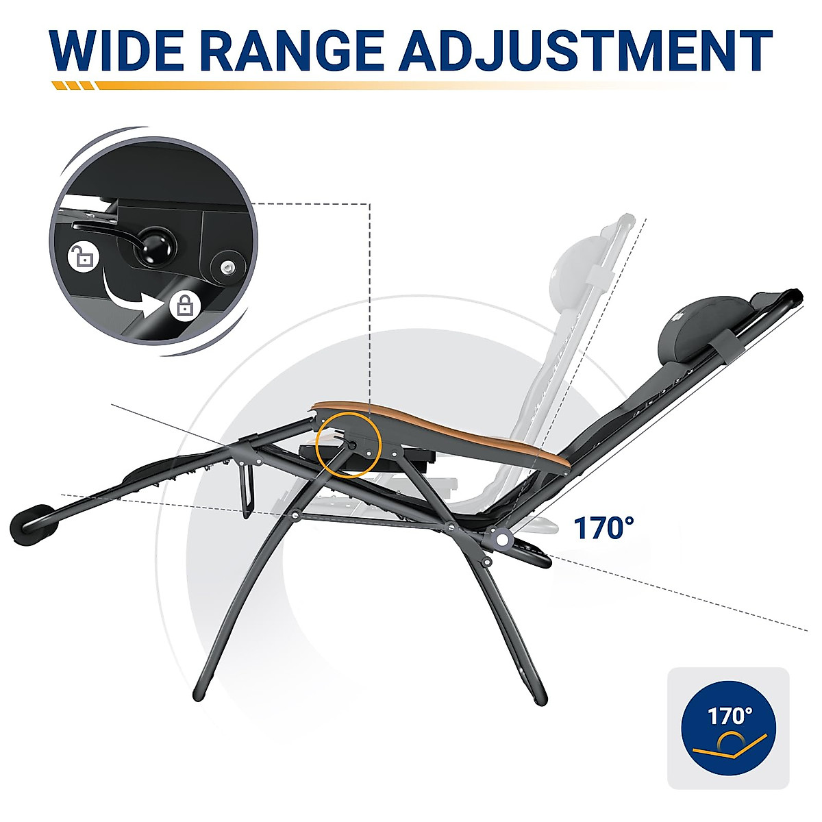 UDPATIO Zero Gravity Chair 30In XL Oversized Outdoor Anti Gravity Chairs Patio Lounge Folding Adjustable Chair with Cup Holder, Foot Pad & Padded Headrest, Supports 500lbs (Grey)