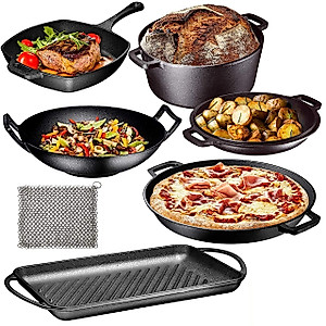 Pre Seasoned Cast Iron 7 Piece Bundle Gift Set, Double Dutch, Rectangular grill Pan, Wok, Large Skillet, Square Grill Pan & Chainmail, Camping Cookware Set