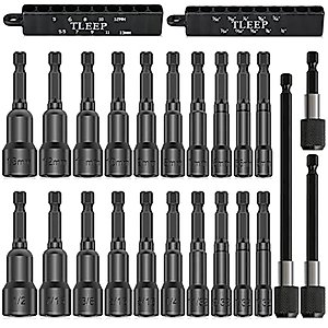TLEEP 20 x Magnetic Nut Driver Set for Impact Drill + 3 x Power Drill Bit Extensions(50/100/150mm) + Storage Bag, 65MM Metric & SAE 1/4" Impact Driver Drill Bit Set, Cr-V Steel Screwdriver Socket Set