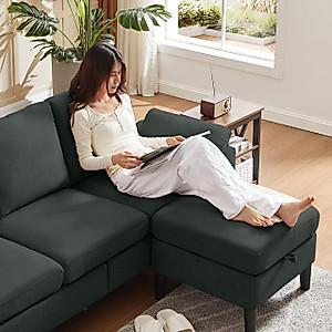 Pingliang Home 79" Convertible Sectional Sofa, Small L Shaped 3-Seat Couch with Reversible Chaise, Modern Linen Sofas Couches for Living Room, Apartment and Small Space, Black