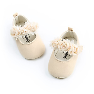 ENERCAKE Baby Girl Shoes Soft Sole Floral Newborn Infant Mary Jane Flats Princess Wedding Dress Shoes(6-12 Months Infant, A-Beige)