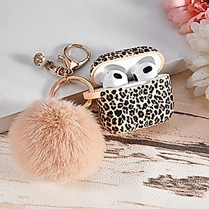 AirPods 3 Case AIRSPO Cute AirPods 3 Case Cover for AirPods 3 Leopard Printed AirPods 3rd Generation Protective Skin for Women, Girls with Pom Pom Fur Ball Keychain (Khaki/Cheetah)