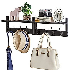 YMYNY Coat Rack Shelf Wall Mounted, Coat Hooks Set of 2, Entryway Coat Hanger with 8 Hooks, 31.5" Wall Floating Shelf with Hat Rack, for Kitchen, Bedroom, Bathroom, Black UHWS001B-2