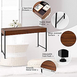 Tangkula Computer Desk with 2 Drawers, Simple Wooden Study Writing Desk with Steel Frame, 44 Inches Laptop PC Workstation, Student Desk Home Office Desk Ideal for Bedroom & Office (Brown)