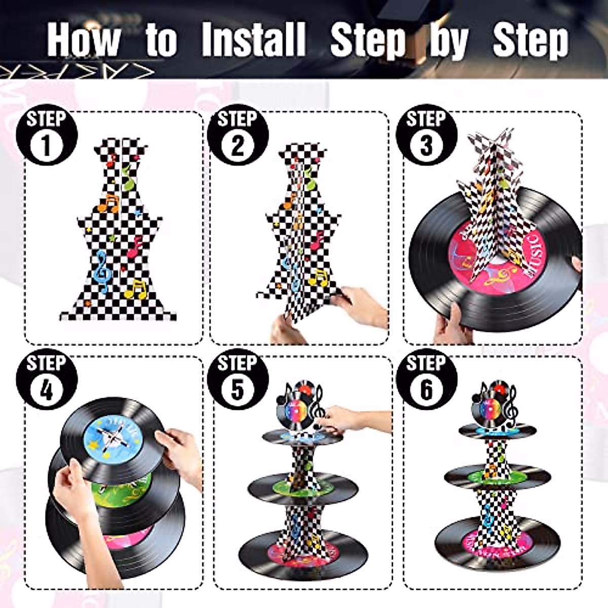 3 Tier 1950's Rock and Roll Music Party Decorations Record Cupcake Stand Vinyl Record Cupcake Holder Music Not Stop Dessert Tower for 50s Retro Theme Music Party Supplies