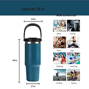 Insulated Straw Mug, 30 oz Anti-Leak Tumbler with 3-Way Lid: Sip, Straw, or Pour - Stainless Steel Travel Coffee Mug Fit Cupholder with Easy-to-carry Handle (Lake Blue)