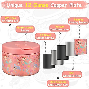Pawtong 12oz Insulated Vacuum Food Jar with Buckle Lid Wide Mouth Soup Thermo for Hot Food Kids Leakproof Stainless Steel Lunch Container (Pink-Mermaid)