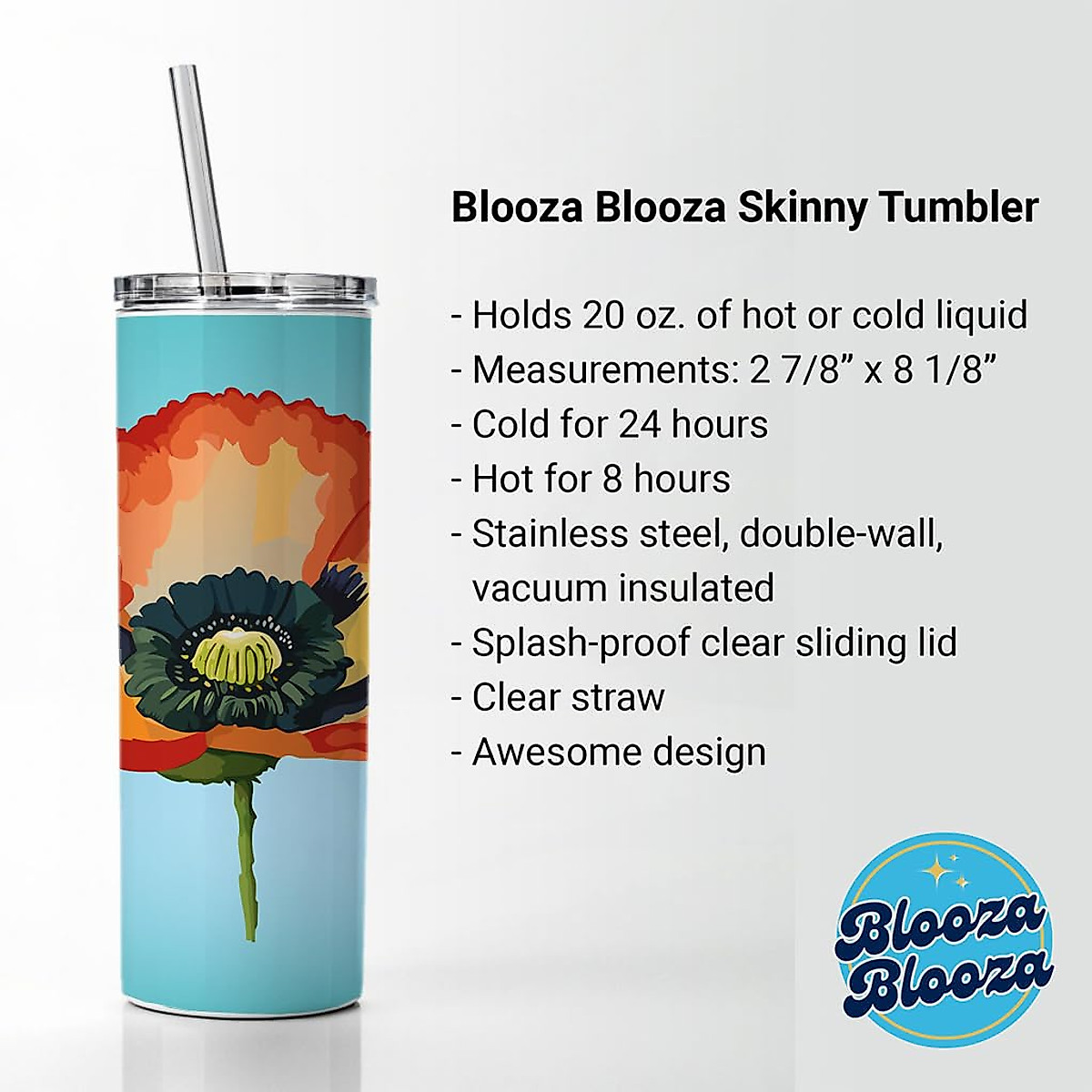 Poppy Icelandic Orange Flower Watercolor Skinny Tumbler 20oz with Straw Insulated Water Bottle Gift