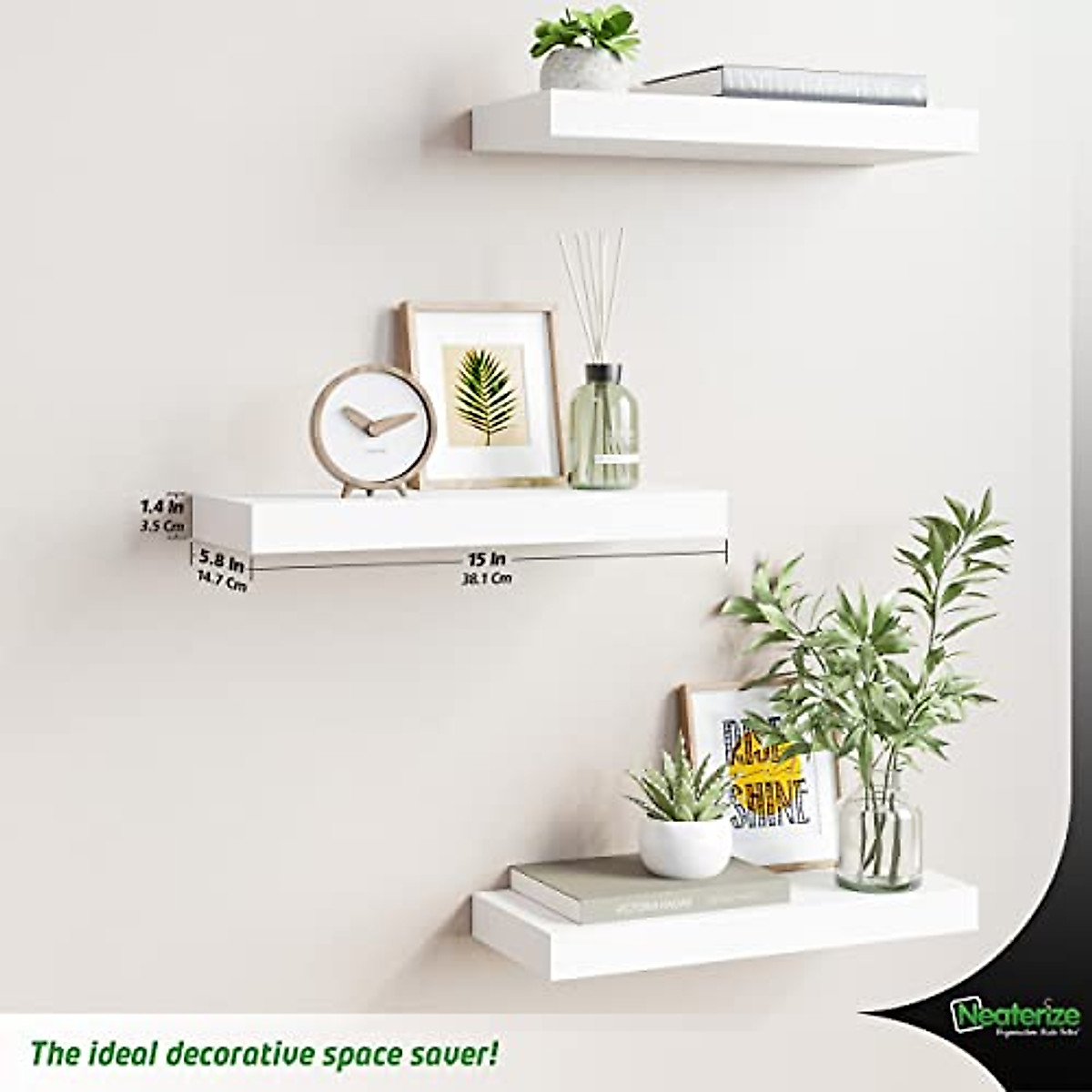NEATERIZE Floating Shelves Set of 3 | Durable Wall Shelves with Invisible Bracket | Great Shelf for Bathroom, Bedrooms, Kitchen, Office and Living Room Décor. (White - Small)