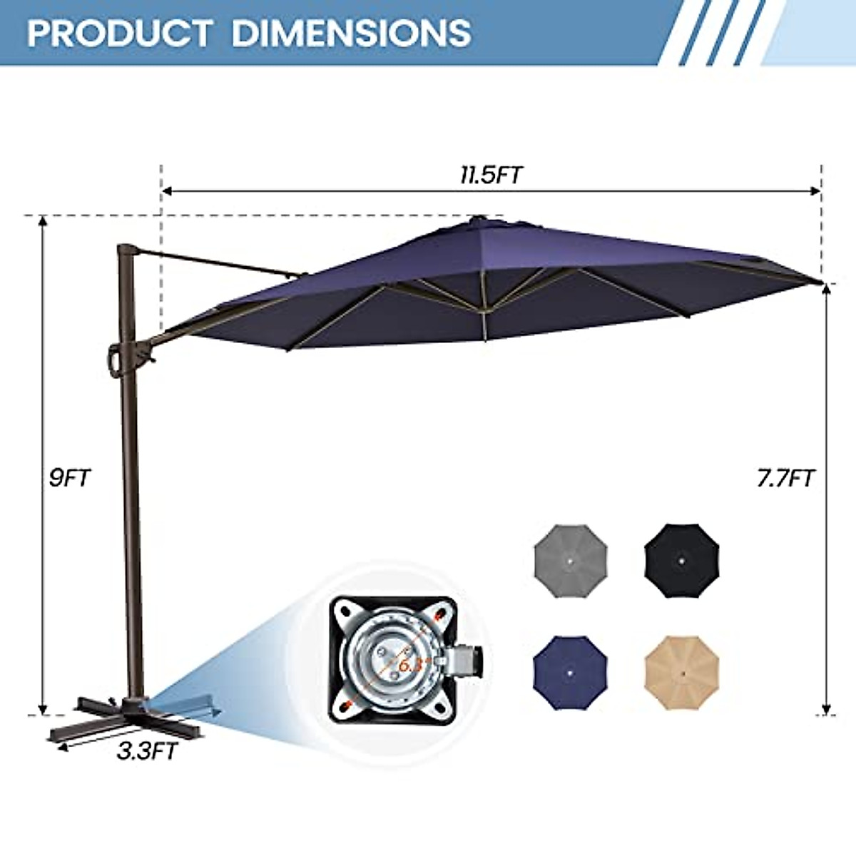 CLOUDFLY 11.5FT Patio Umbrella Round Navy with 360°Rotation 7 Heights Adjustable Aluminum Pole Offset Cantilever Outdoor Umbrella For Garden Swimming Pool