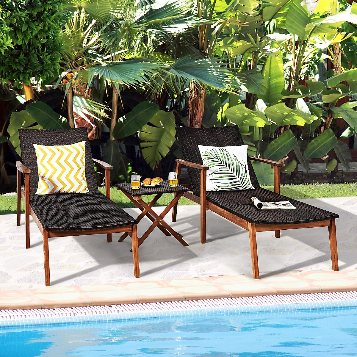Tangkula 3 Pieces Outdoor Chaise Set, Wicker Rattan Lounge Chair w/Acacia Wood Frame, 4 Adjustable Positions Patio Wicker Lounge Set & Foldable Side Table, Suitable for Lawn, Backyard (Mix Brown)