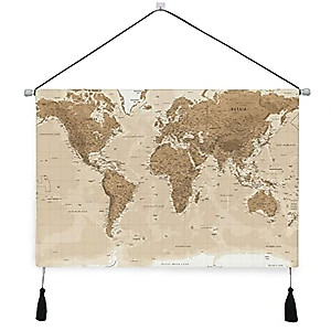 Vintage World Map Hanging Poster Ancient Retro World Map Canvas Poster Hangers Portable Scroll Poster Wall Hanger Tapestry for Office Home Living Room Bedroom Decor 18 x 26inch