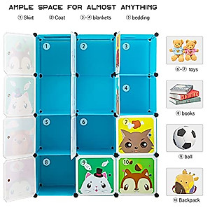 BRIAN & DANY Portable Cartoon Clothes Closet Wardrobe DIY Modular Storage Organizer, Sturdy and Safe for Children, 8 Cubes & 2 Hanging Sections, Blue