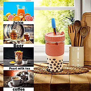 2 Pack Reusable Bubble Tea Cup , 22Oz Wide Mouth Smoothie Cups with Bamboo Lid, Silicone Sleeve & Angled Wide Straws, Leakproof Glass Mason Jars Iced Coffee Glasse Cup for Iced Coffee，Soda(Pink)